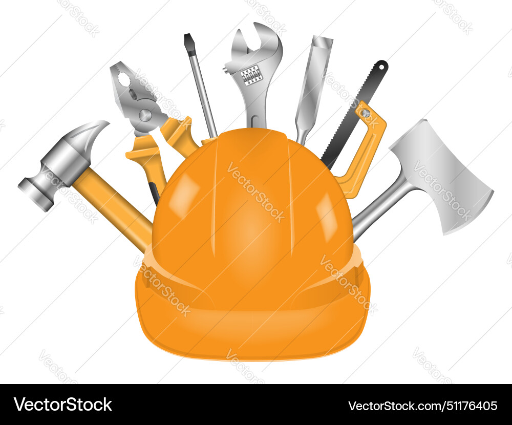 Orange safety helmet and hand tools isolated Vector Image