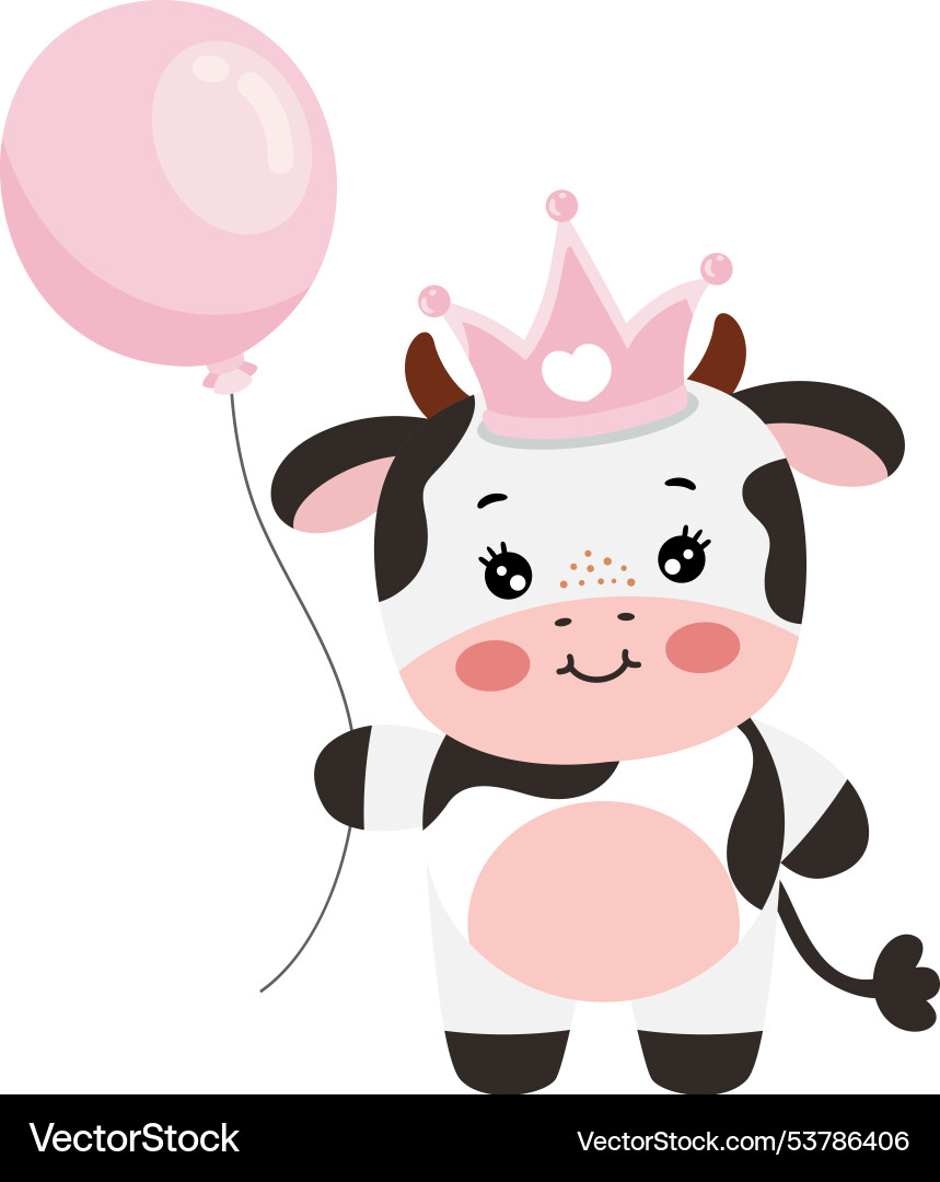 Cute princess cow holding a balloon Royalty Free Vector
