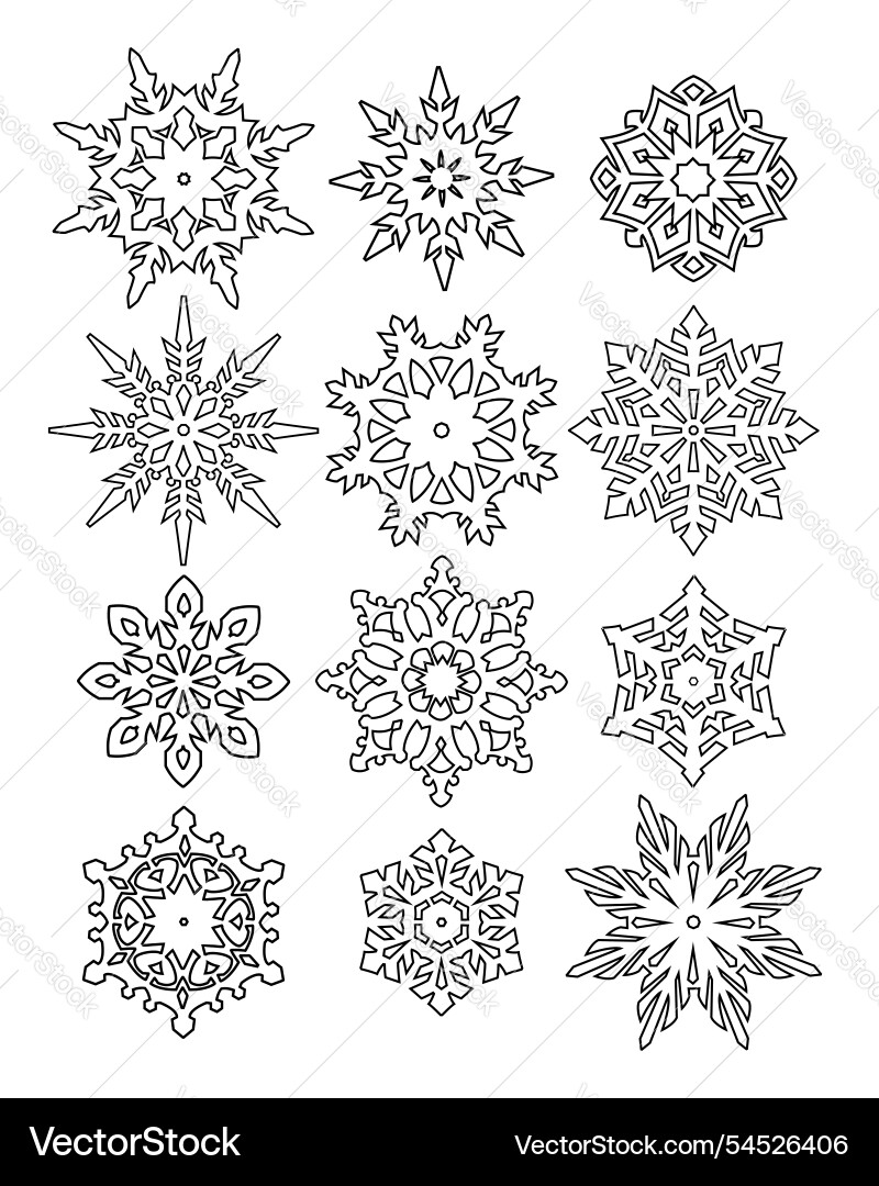 Several geometric snowflakes isolated black lines Vector Image
