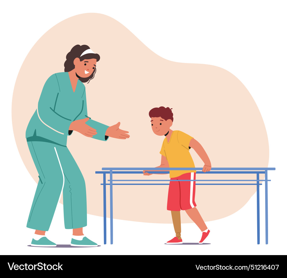 Caregiver character assisting child in practicing Vector Image