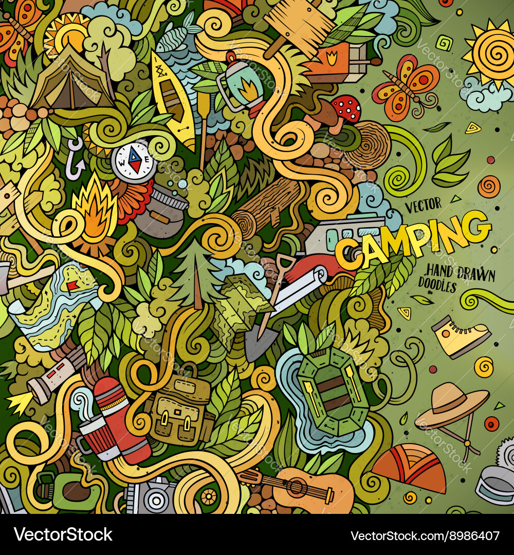 Cartoon hand-drawn doodles camp Royalty Free Vector Image