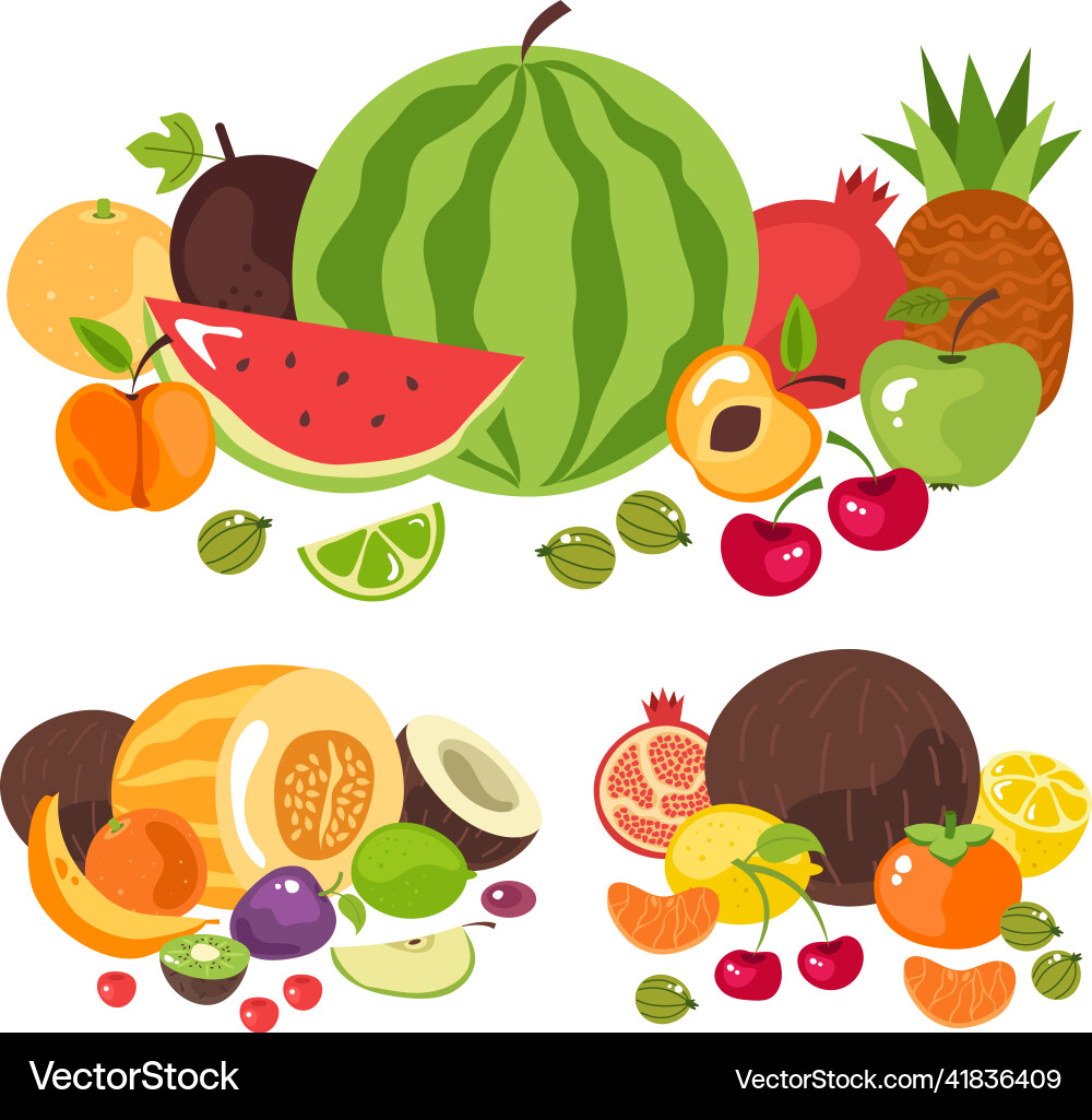 Fruits cut slice half and whole concept Royalty Free Vector