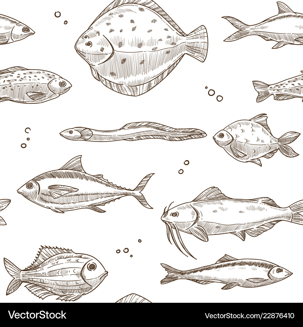 Fish sketch pattern background seamless Royalty Free Vector