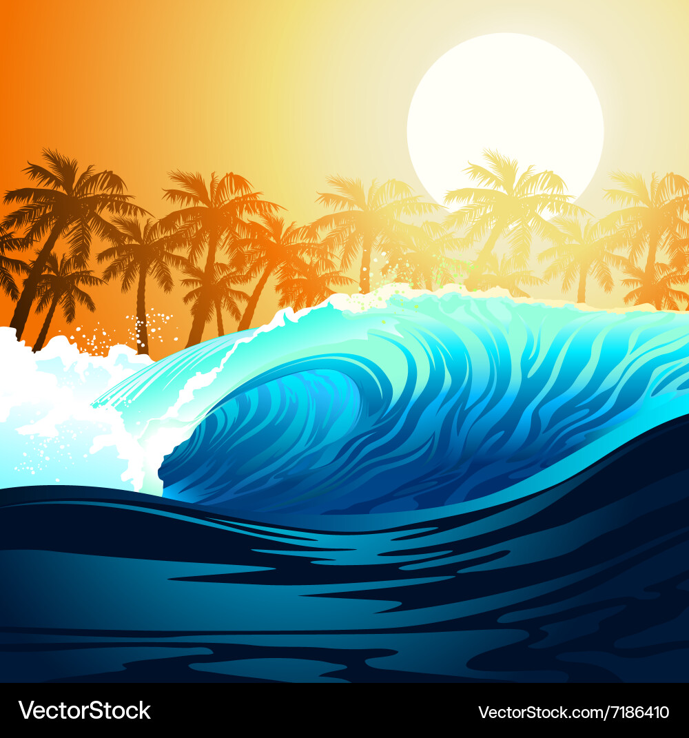 Tropical surfing wave at sunrise with palm trees Vector Image