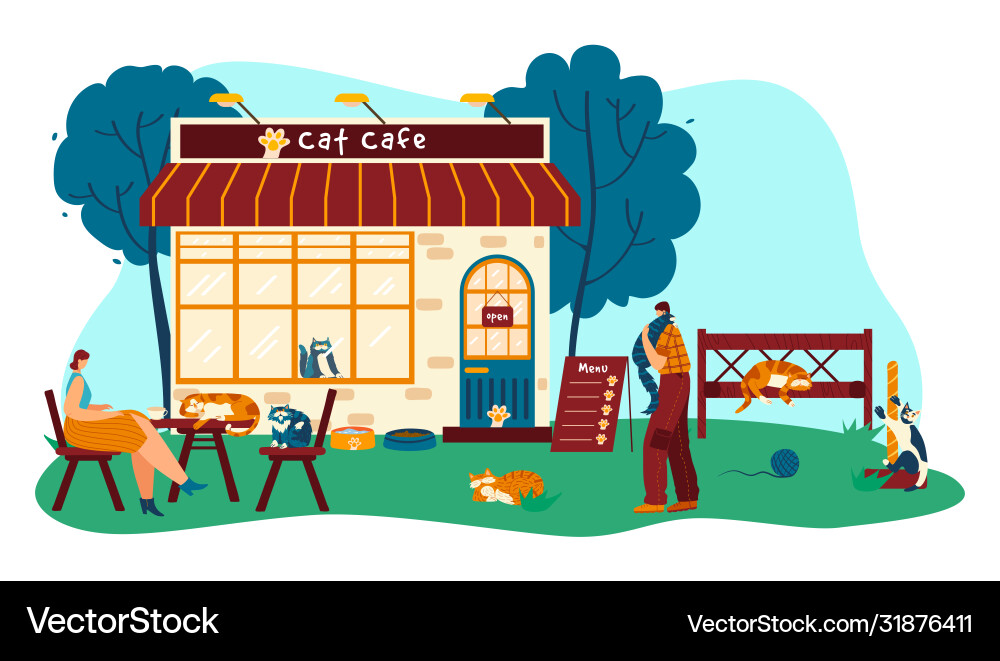 Cat cafe with funny pets cartoon characters Vector Image