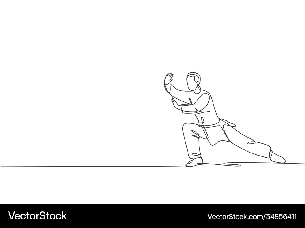 Single continuous line drawing young man wushu Vector Image