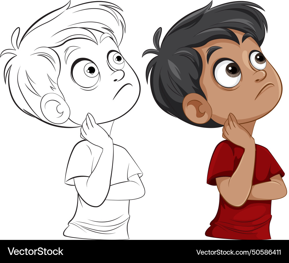 Two cartoon boys thinking looking upwards puzzled Vector Image