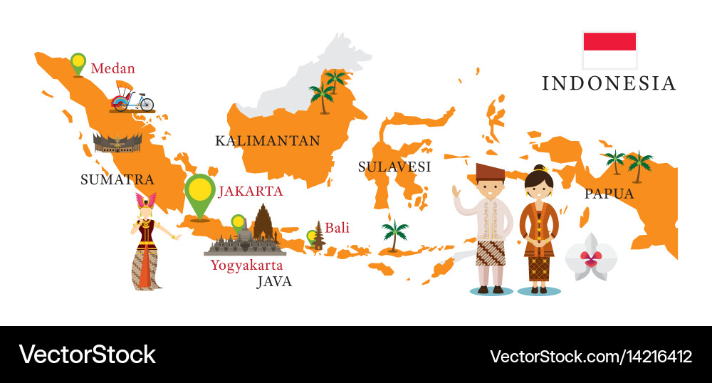 Indonesia map and landmarks Royalty Free Vector Image