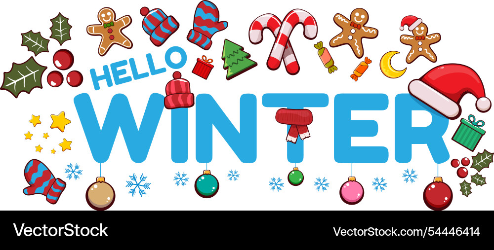 Hello winter banner design template with santa hat