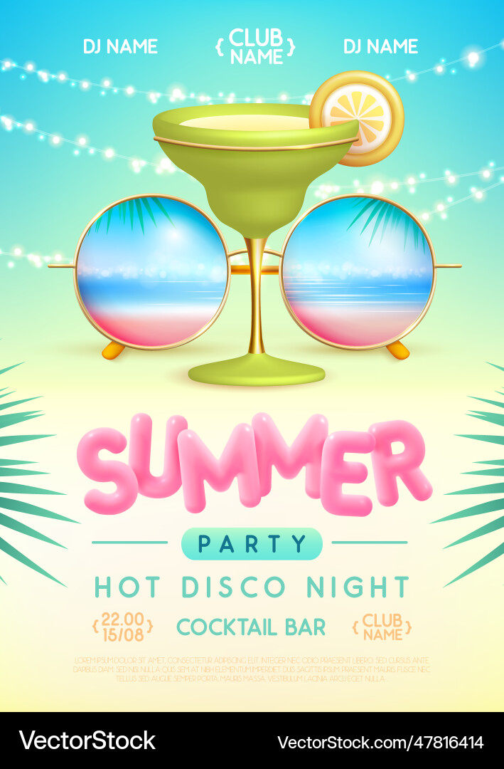 Summer disco party poster with 3d cocktail Vector Image
