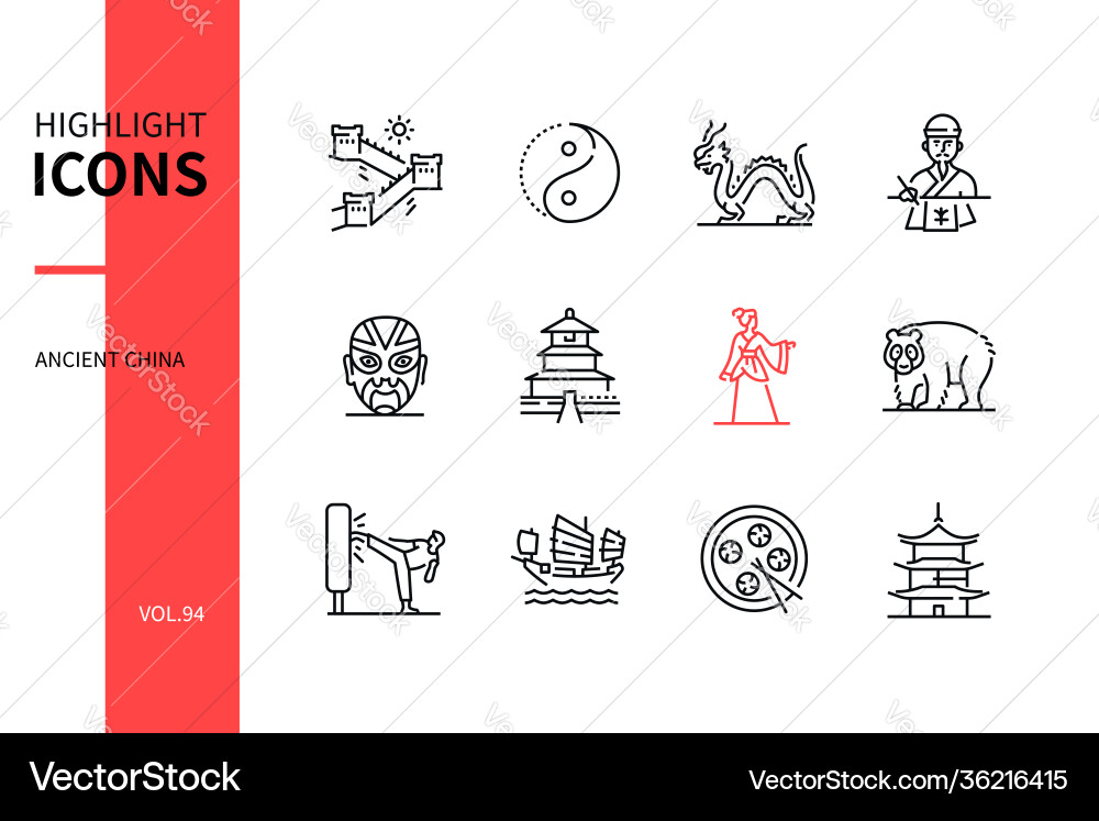 Ancient china - modern line design style icons set