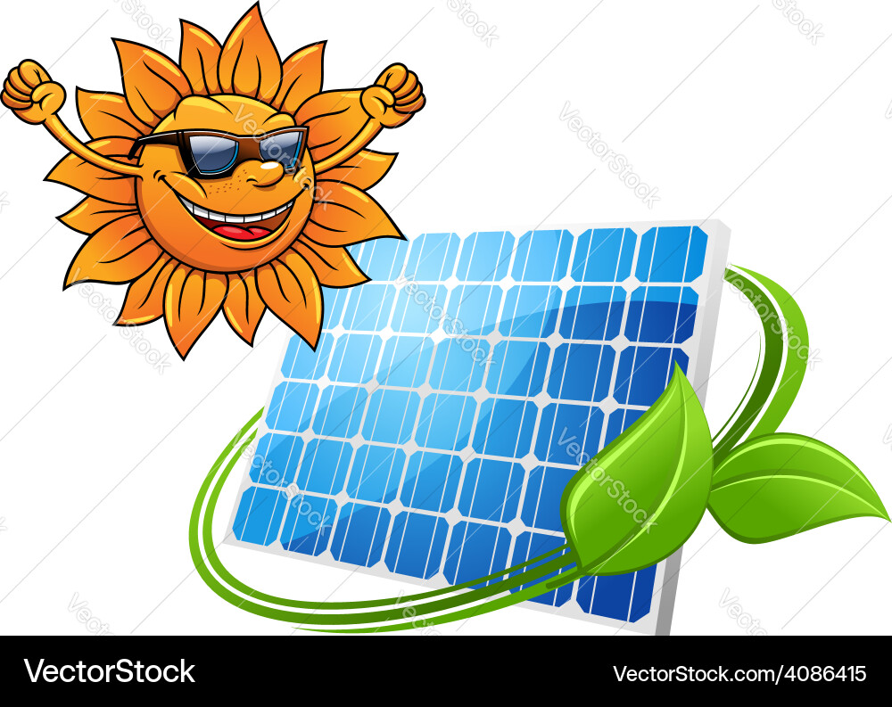 Happy cartoon sun with solar panel Royalty Free Vector Image