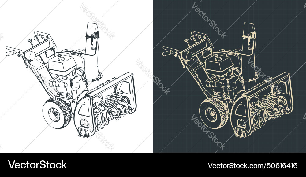 Snowblower isometric blueprints Royalty Free Vector Image