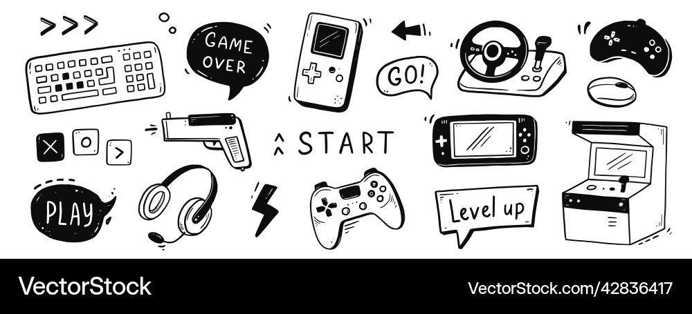 Video game hand drawn doodle set gamer Royalty Free Vector