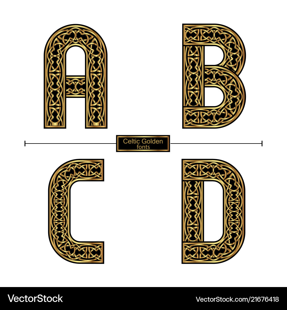 Alphabet celtic golden style in a set abcd Vector Image
