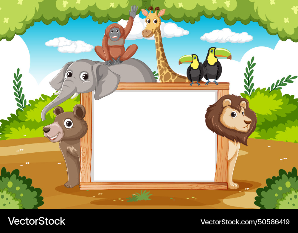 Cartoon animals around an empty white sign Vector Image