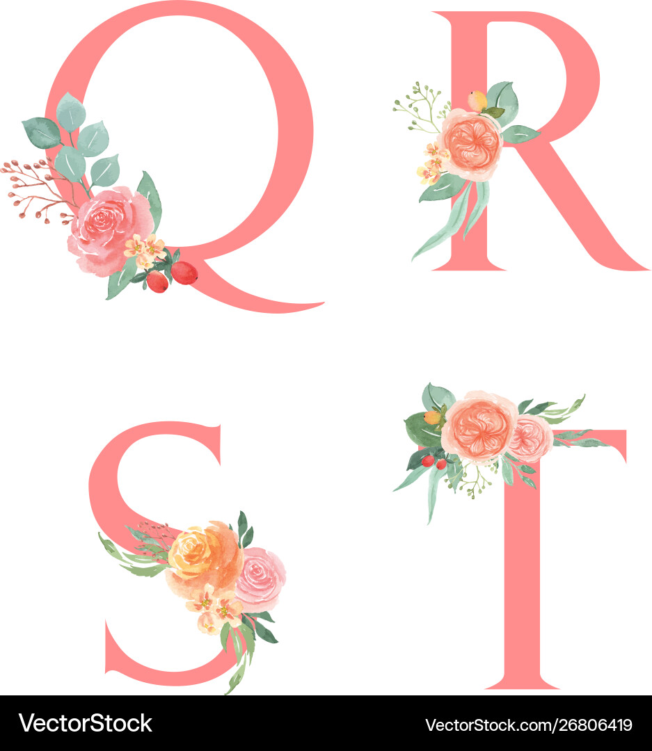 Pink alphabet florals setcollection peach Vector Image