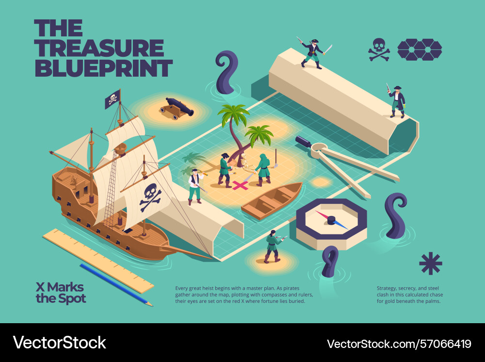 Pirate isometric treasure blueprint composition Vector Image