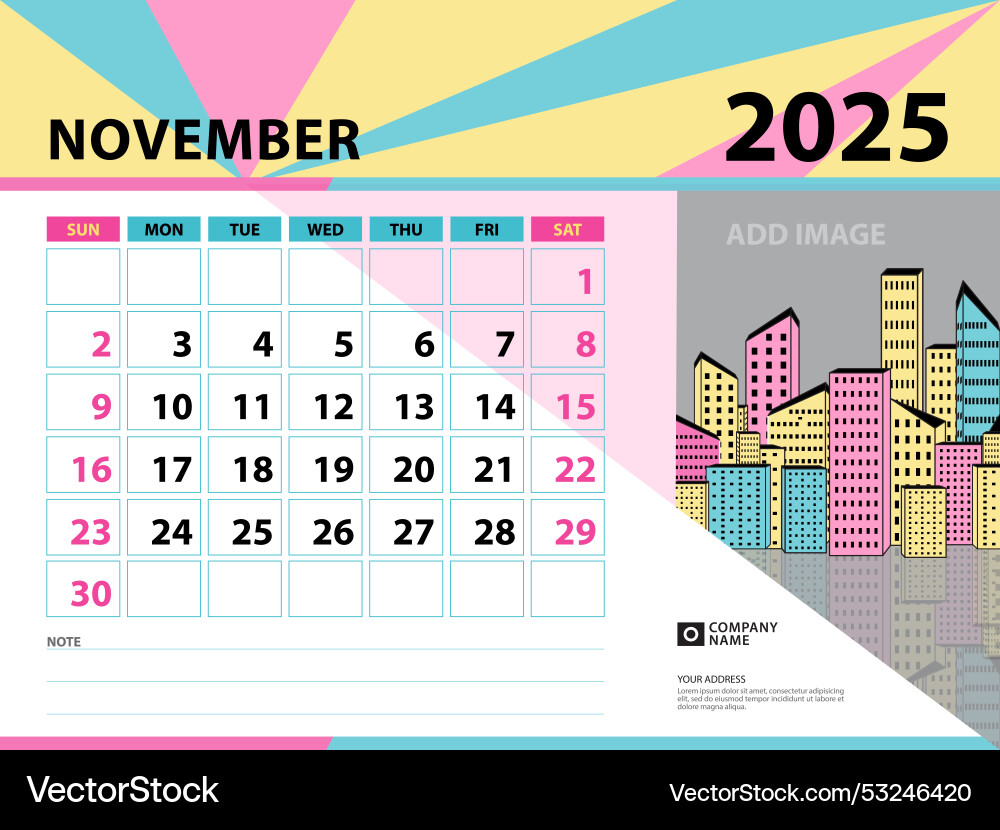 November 2025 template - calendar year Royalty Free Vector