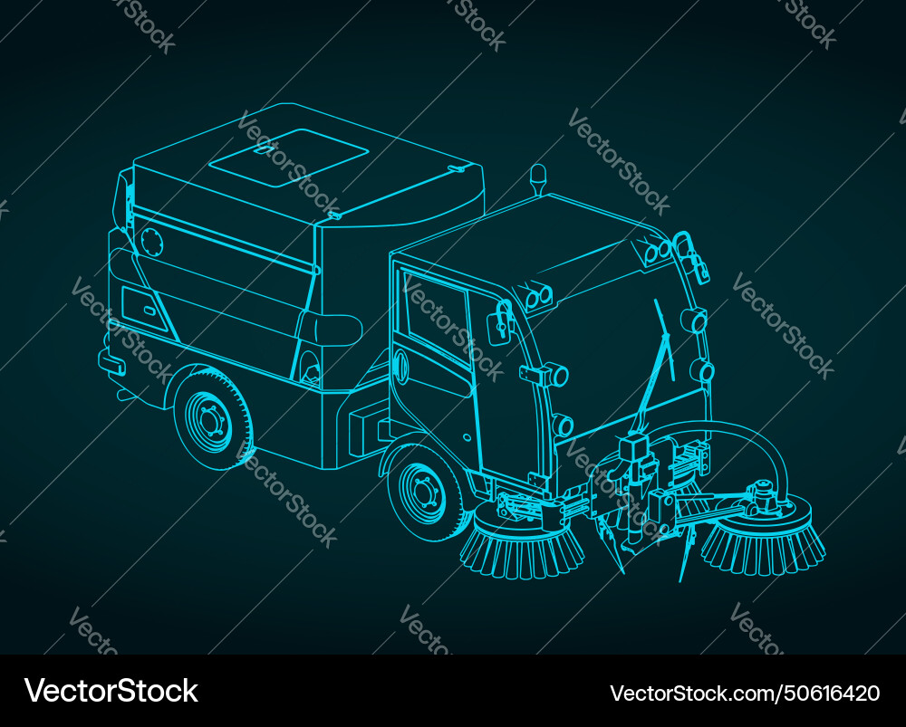 Street sweeper truck isometric blueprint Vector Image