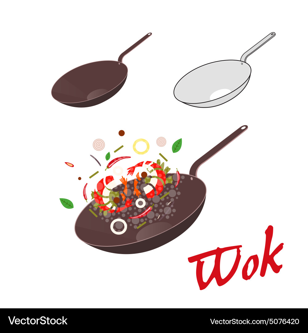 Wok asian frying pan concept Royalty Free Vector Image