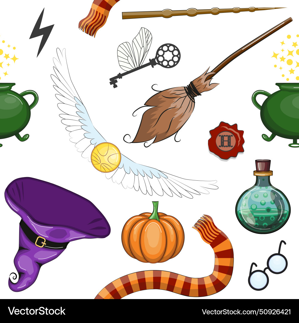 Magic items seamless pattern in flat style school Vector Image