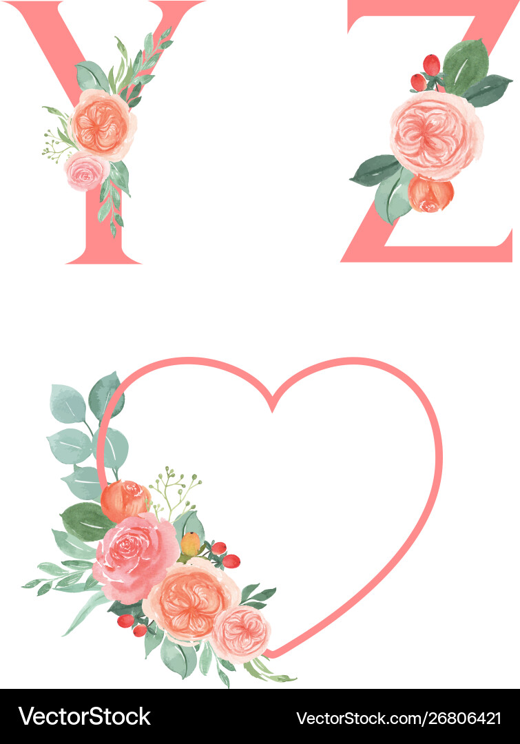 Pink alphabet florals setcollection peach Vector Image