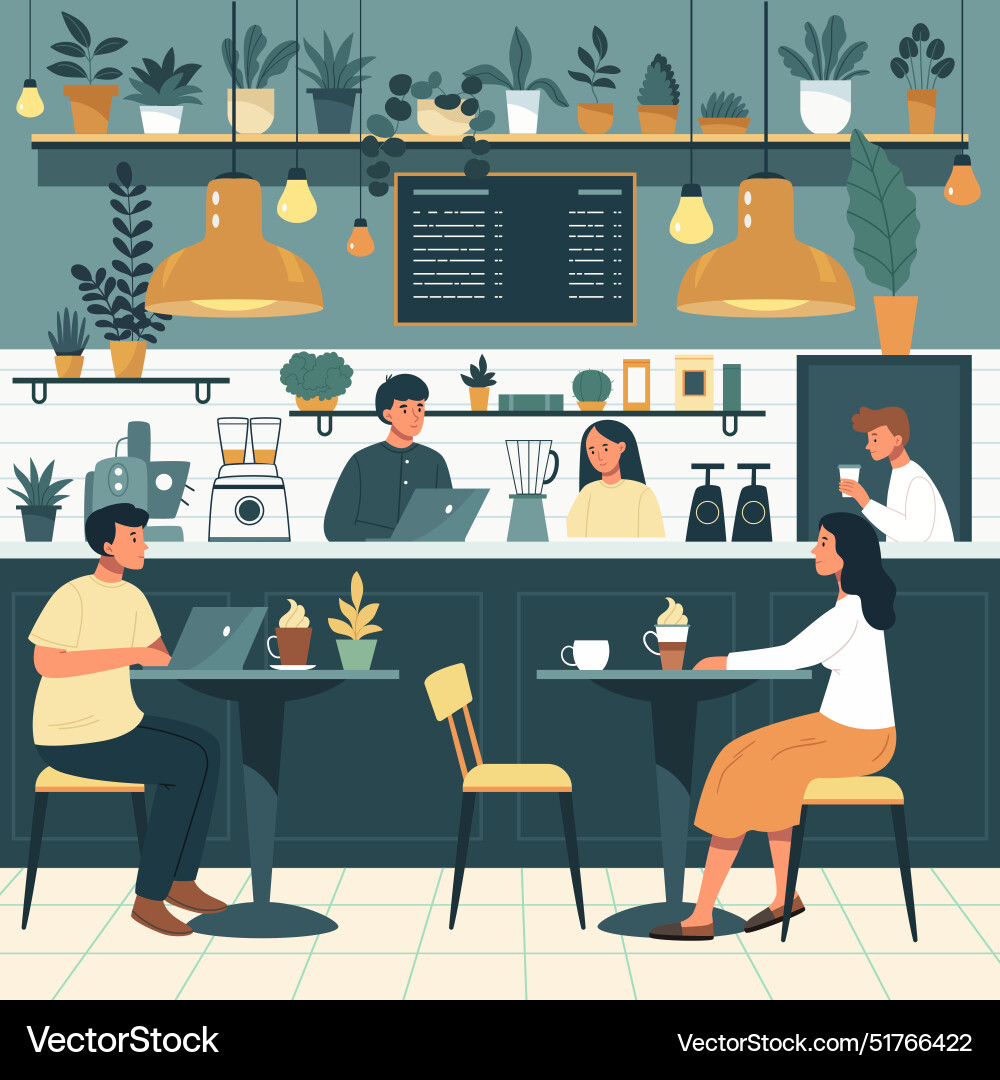 Cafe interior front view with lots of green Vector Image