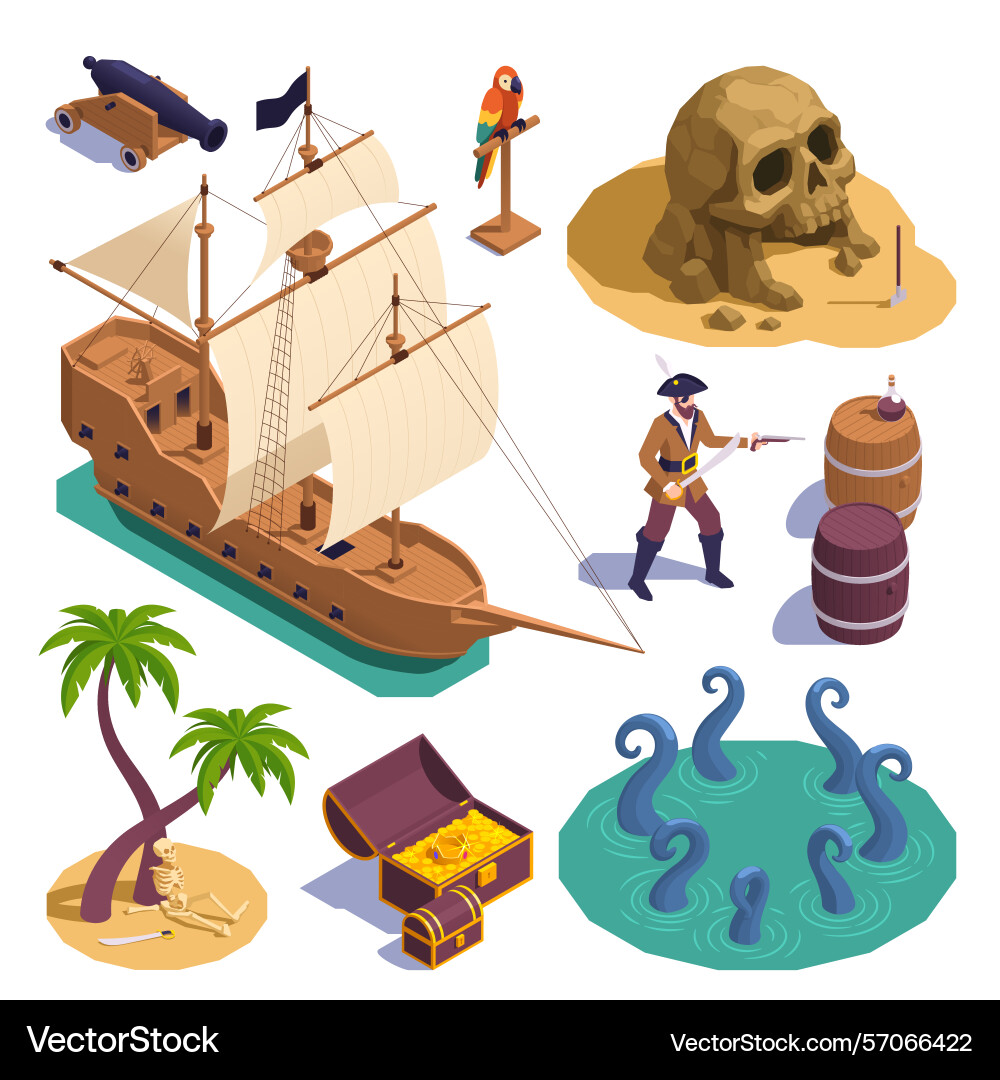 Pirate adventure isometric original set Royalty Free Vector