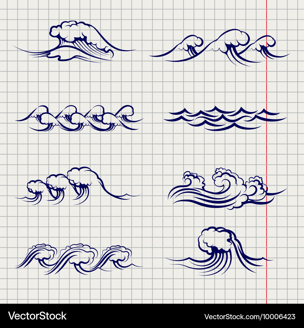 Sketch waves set on notebook page Royalty Free Vector Image
