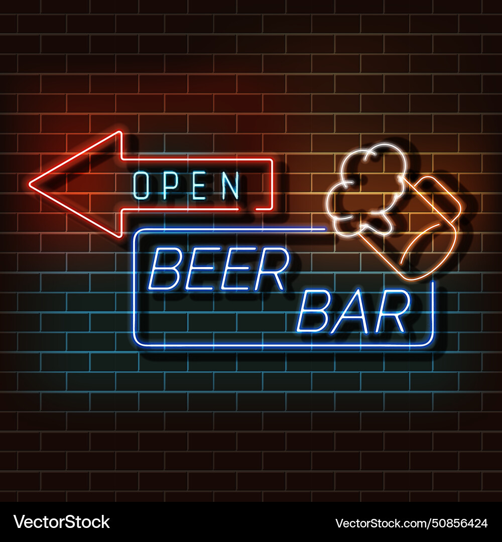 Beer bar neon light banner on a brick wall blue Vector Image