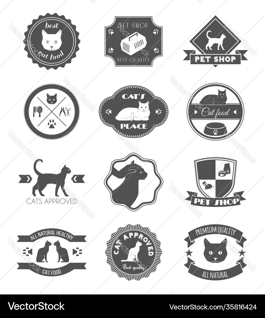 Pet shop cat black labels set Royalty Free Vector Image