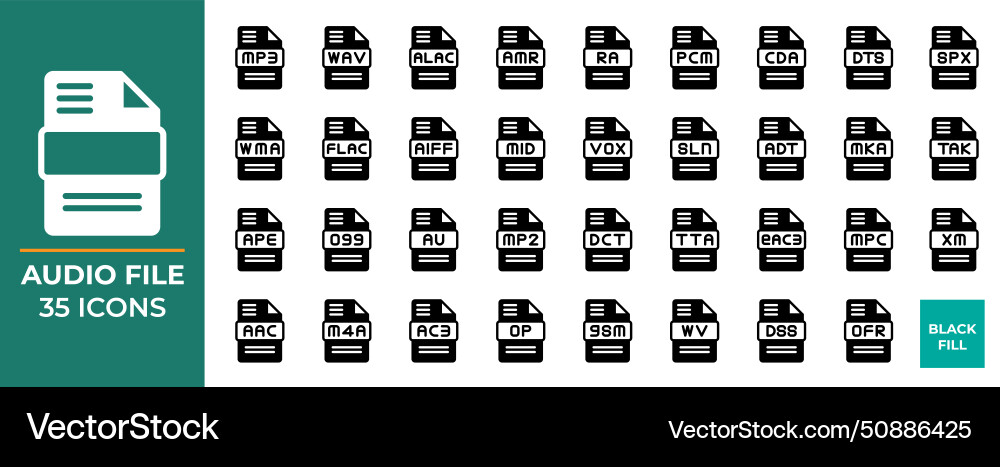Audio file type icon set black fill style design Vector Image