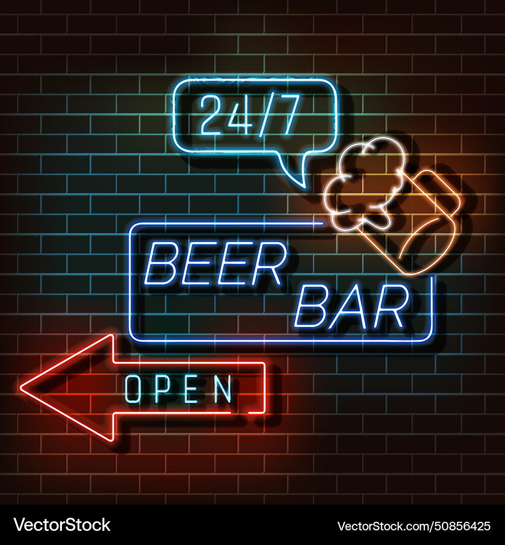 Beer bar neon light banner on a brick wall blue Vector Image