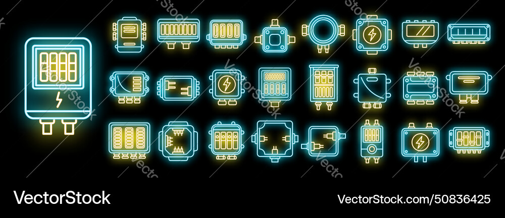 Junction box icons set neon Royalty Free Vector Image