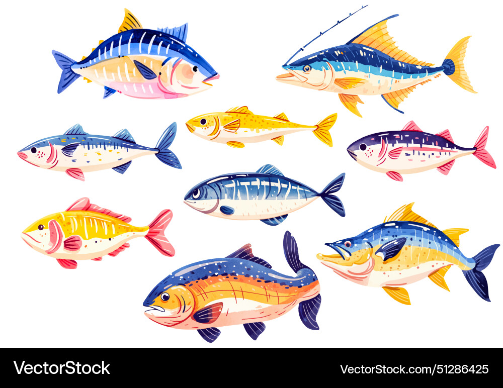 Watercolor sea fish set Royalty Free Vector Image