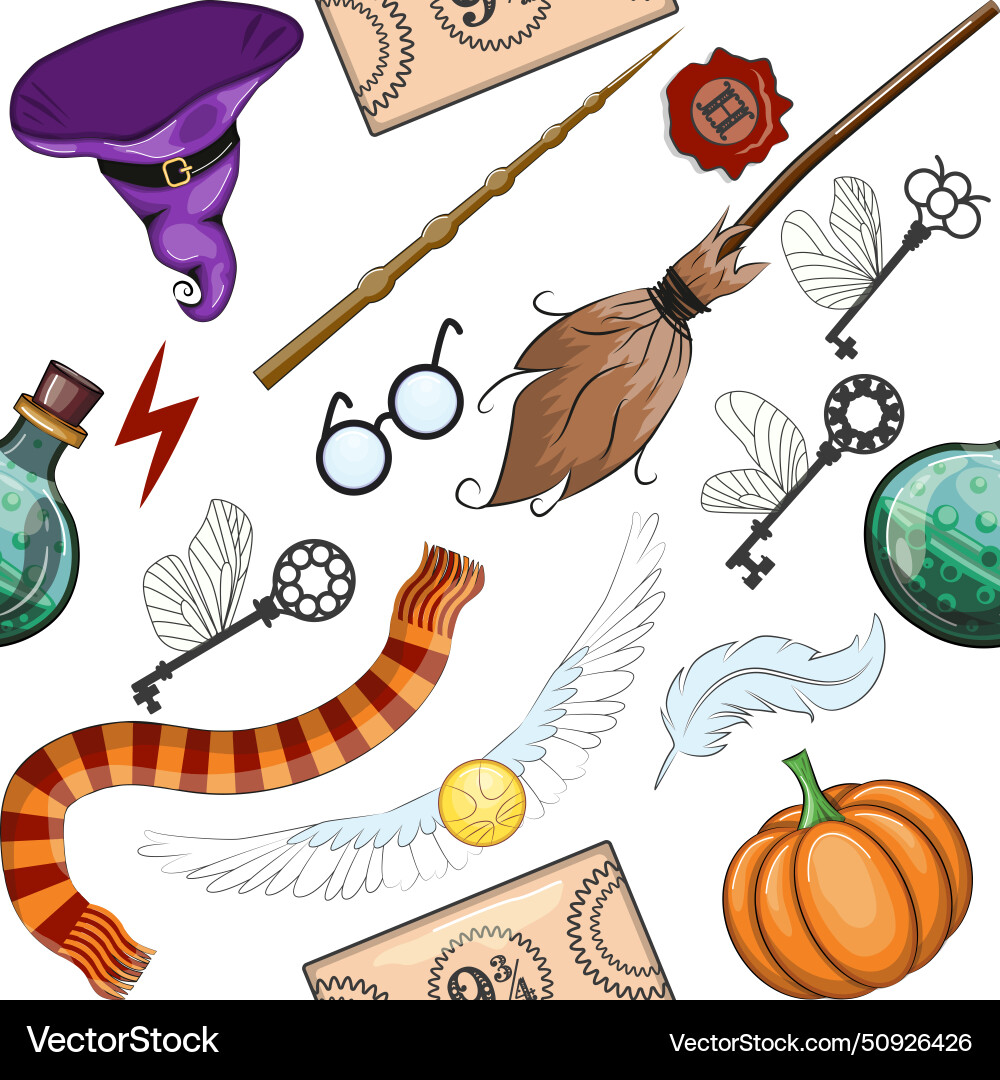 Magic items seamless pattern in flat style school Vector Image