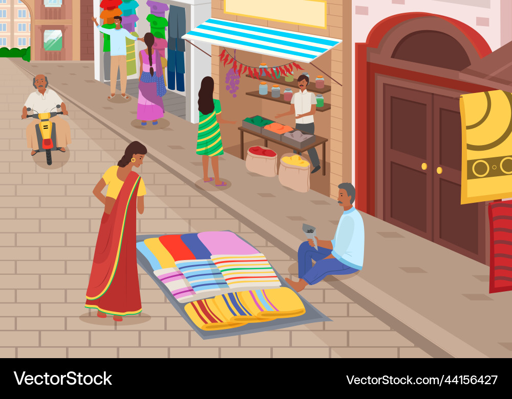 Indian market with people and different shops Vector Image