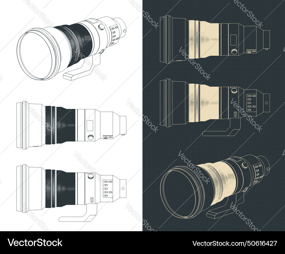 Super-telephoto lens blueprints Royalty Free Vector Image