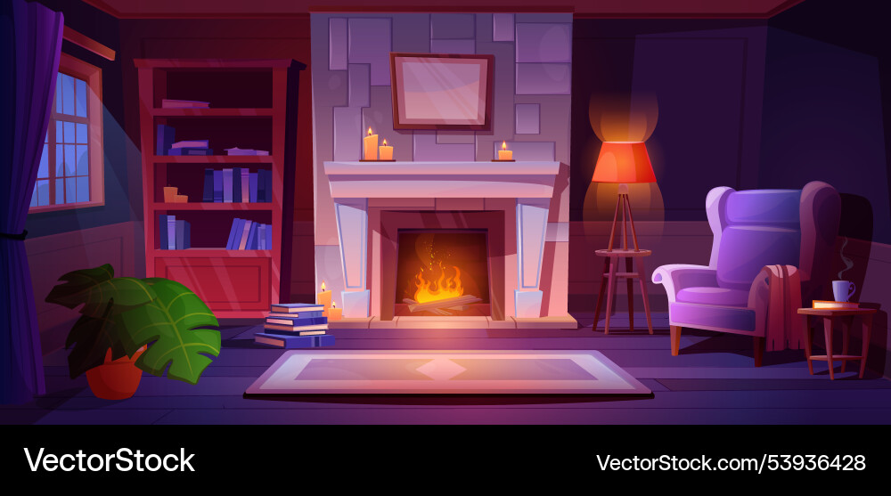 Night living room with fireplace Royalty Free Vector Image