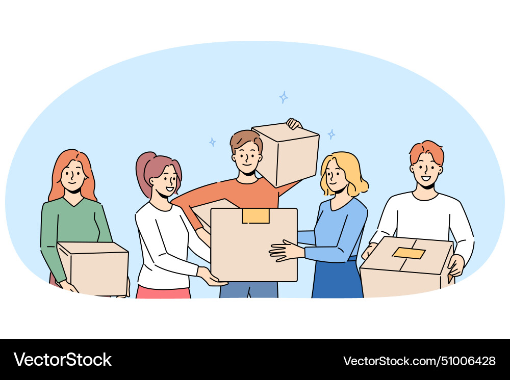 Smiling people with boxes moving together Vector Image