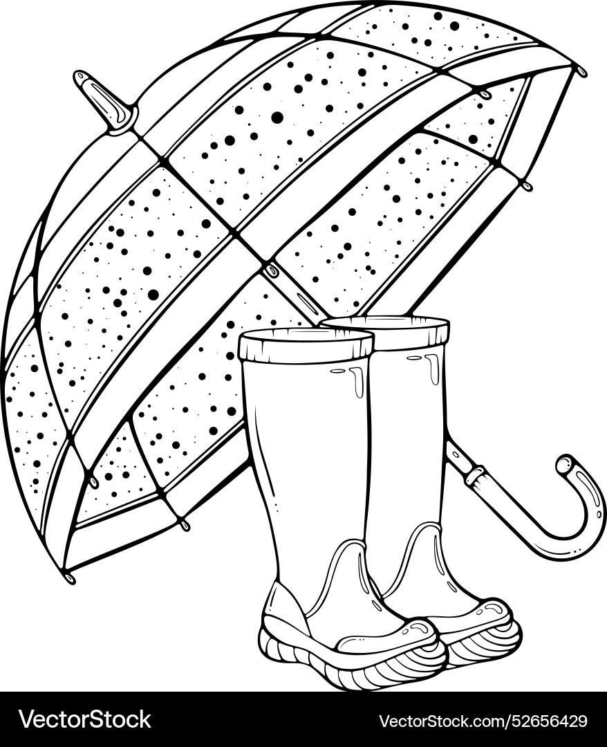 Open umbrella and rubber boots line art Royalty Free Vector