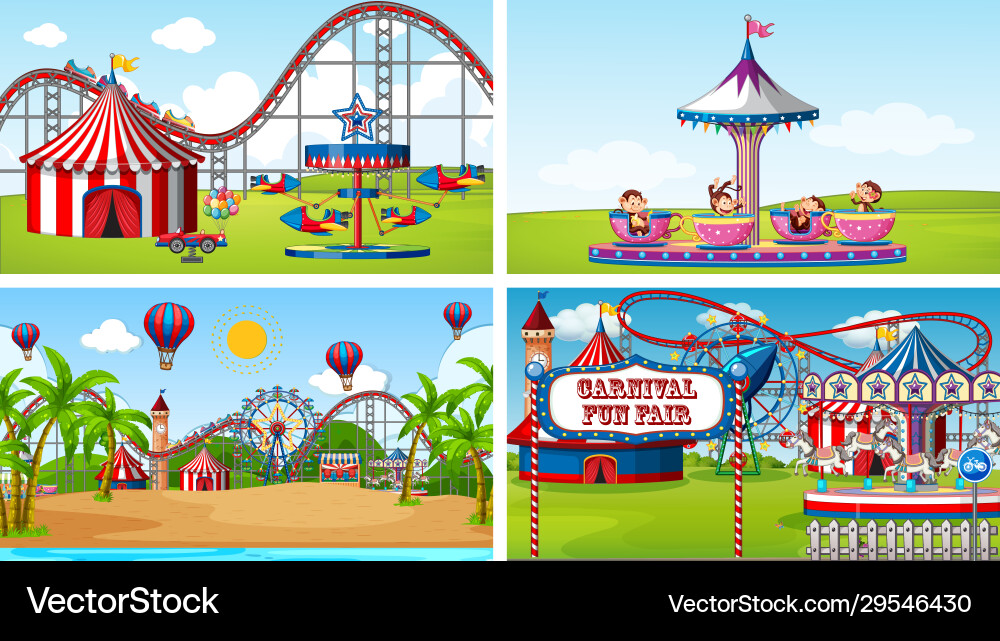 Four scenes with many rides in fun fair Royalty Free Vector