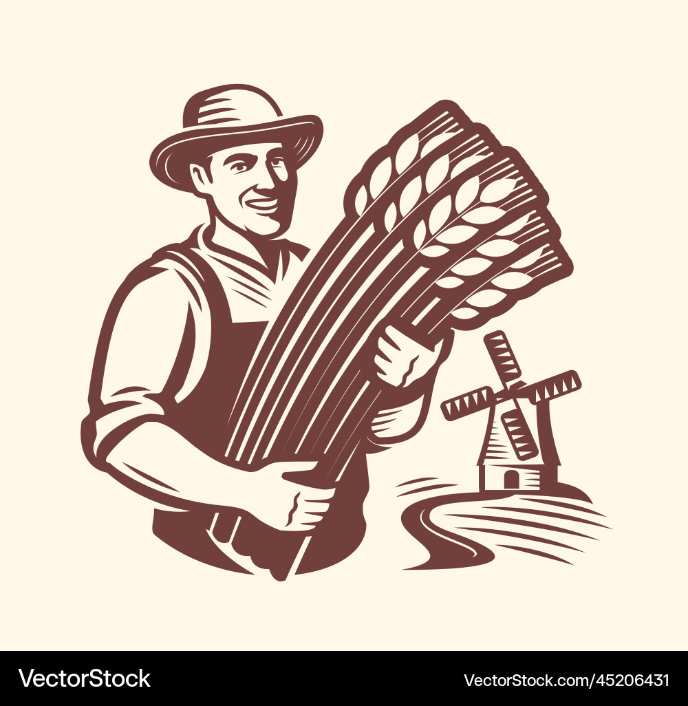 Farmer wheat field mill emblem agriculture Vector Image