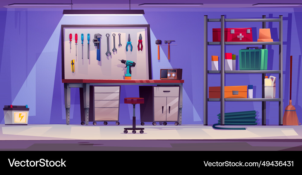 Garage interior with workshop furniture and tools Vector Image