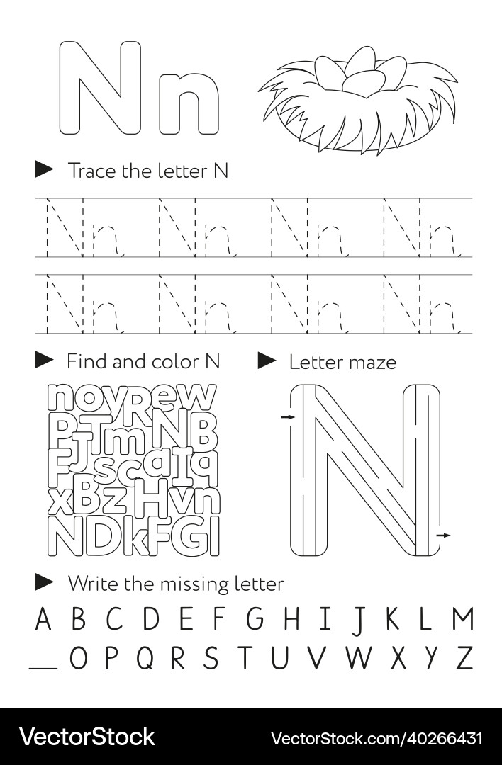 Letter N Handwriting Workbook for Kids Royalty Free Vector