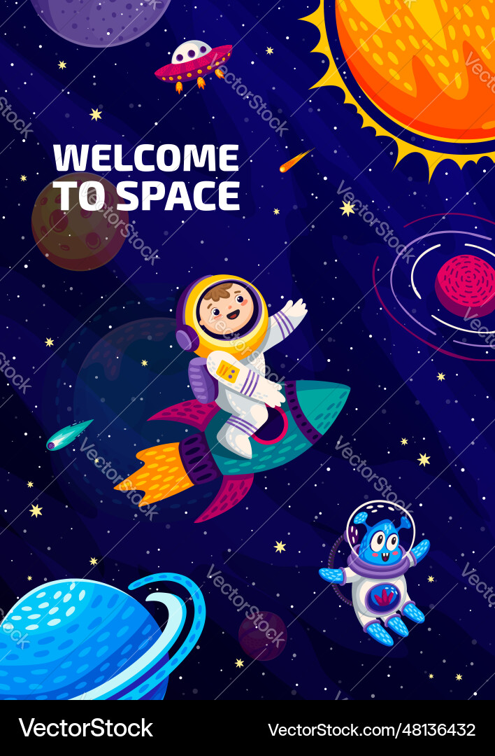 Cartoon space poster with kid astronaut on rocket Vector Image