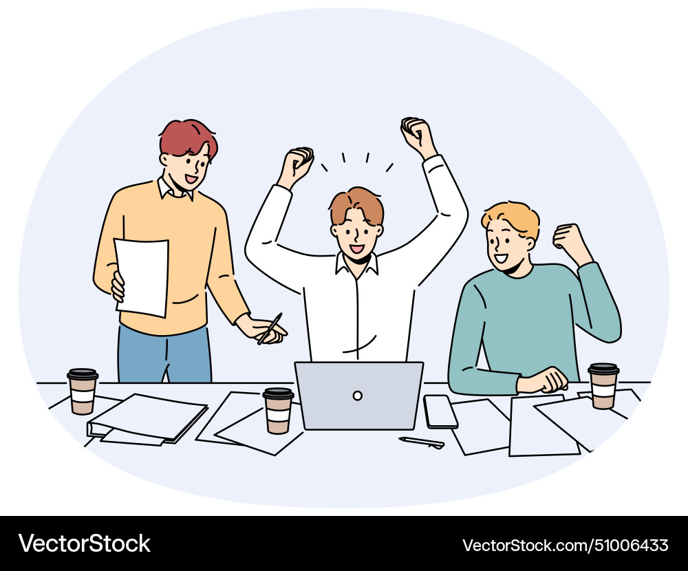 Excited colleagues celebrate work success Vector Image