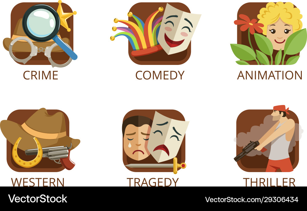 Cinema genres set crime comedy animation Vector Image