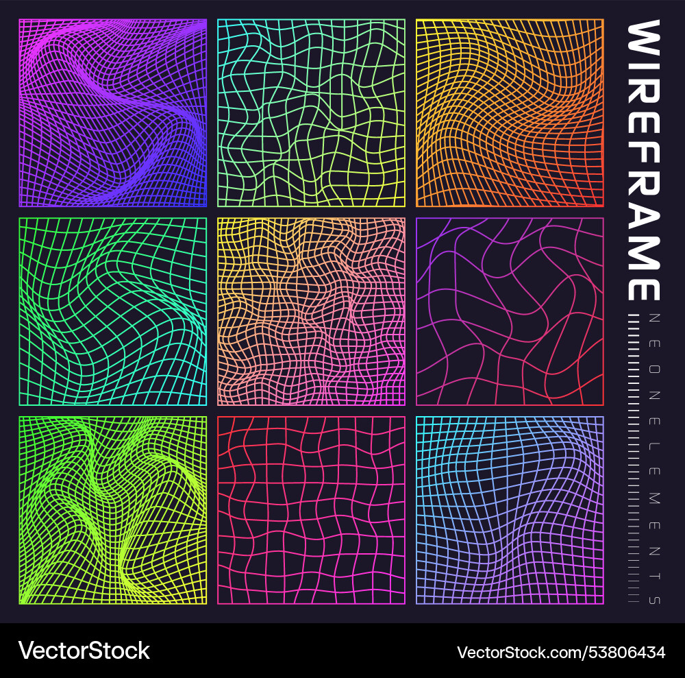 Colorful wireframe shapes lined perspective mesh Vector Image